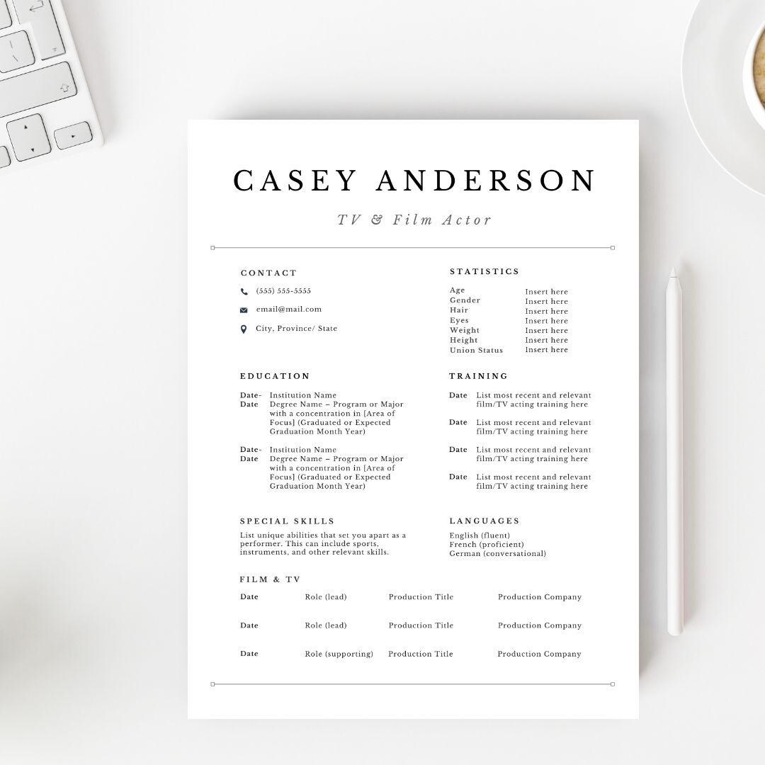 Acting Resume Template | TV & Film Professional CV | Editable, Modern ...