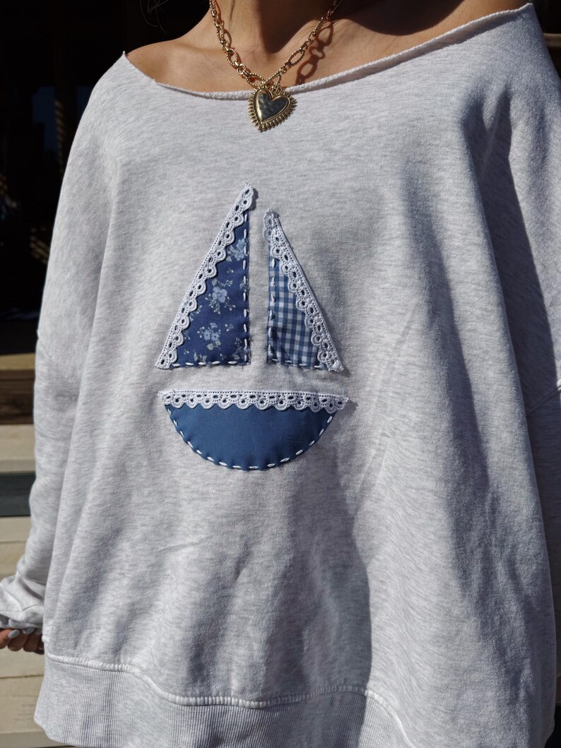 Beachy Sailboat Patchwork Crewneck Blue - Etsy