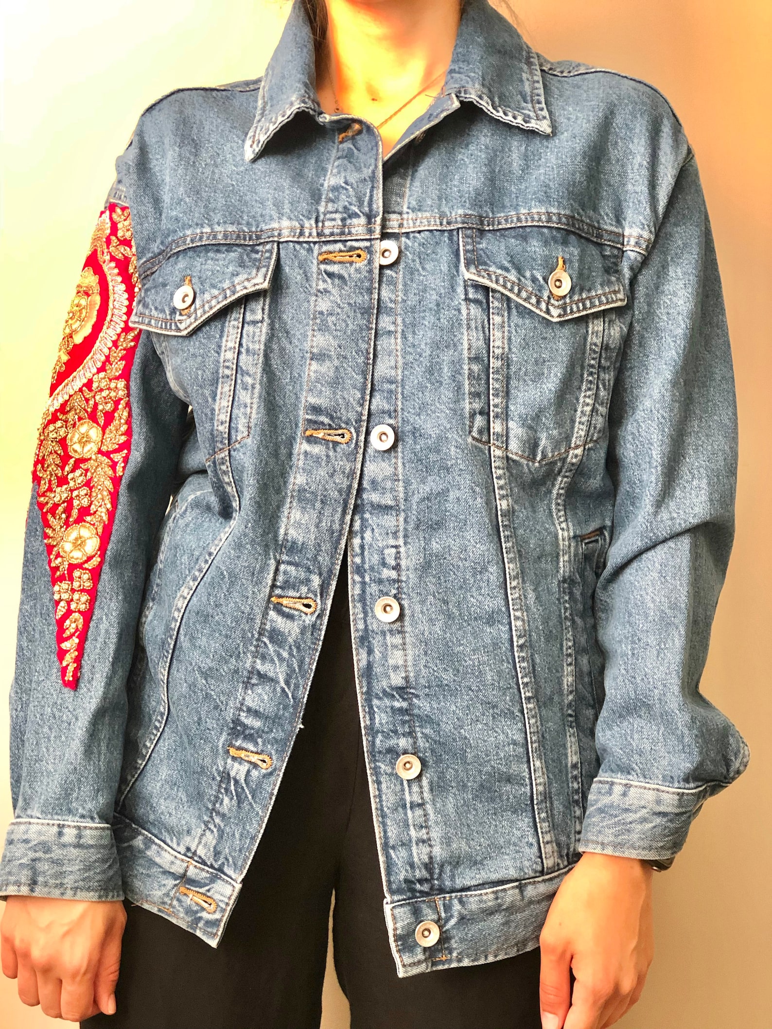 Denim Jacket - Red and Gold Embroidery - Etsy