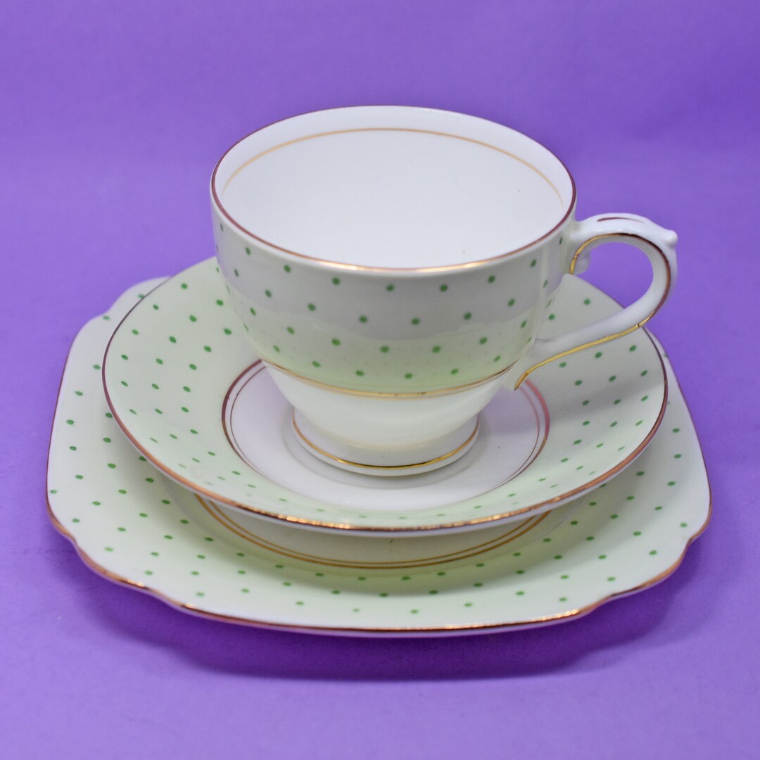 Bell China Tea Cup, Saucer, Plate Trio, Pastel Green Polka Dot & White ...