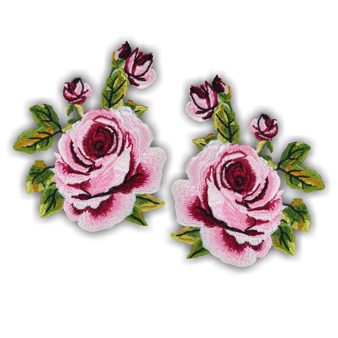 Pair of Realistic Cotton Candy Pink Rose Patches, Iron on Embroidered ...