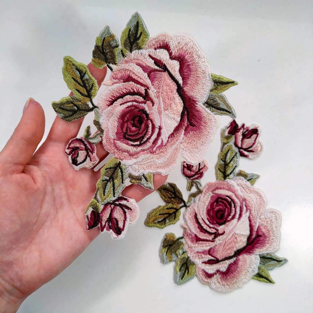 A Pair of Realistic Chalk Pink Rose Patches, Iron on Embroidered Flower ...