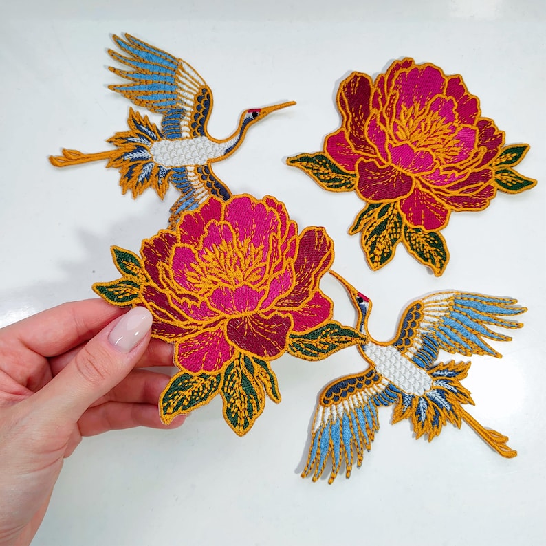 Pair of Peony Embroidered Patches: Burgundy Red Floral Iron on Applique ...
