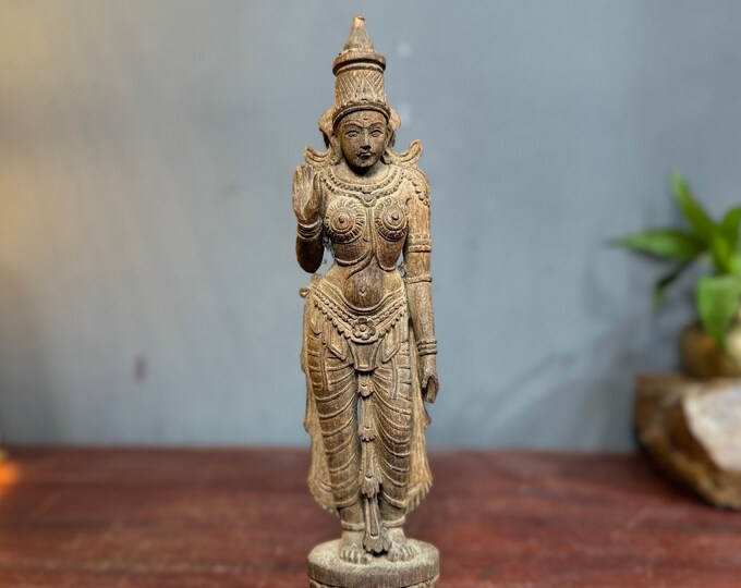 Antique Wooden Hand Carved Statue Goddess Parvathy. South Indian ...