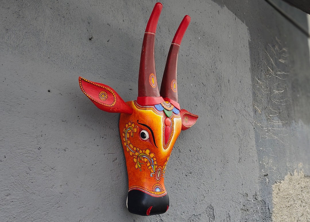 Large Wooden Indian Nandi Bull Cow Head Face Mask for Wall Decor ...