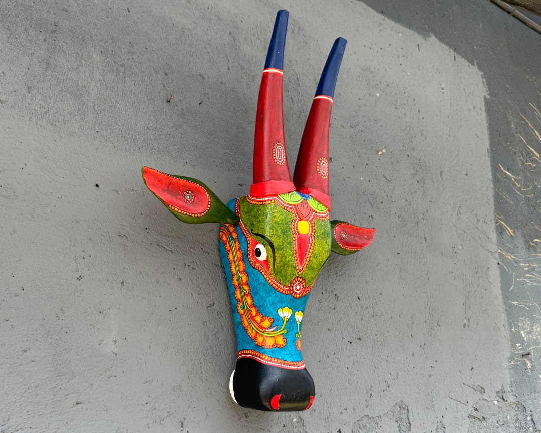 Large Wooden Indian Nandi Bull Cow Head Face Mask for Wall Decor ...