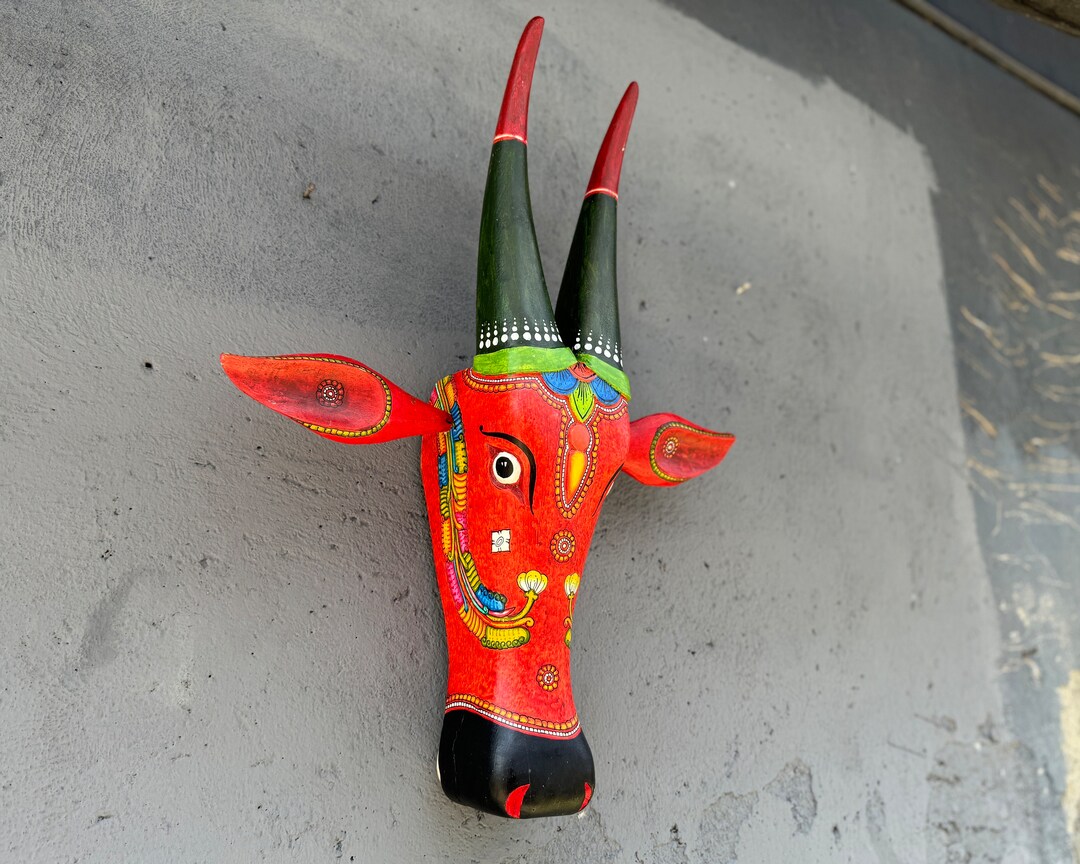 Large Wooden Indian Nandi Bull Cow Head Face Mask for Wall Decor ...