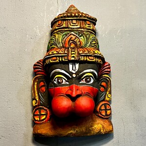 A Devine Handcrafted Painted Wooden Head Mask of Hanuman Devotee of ...