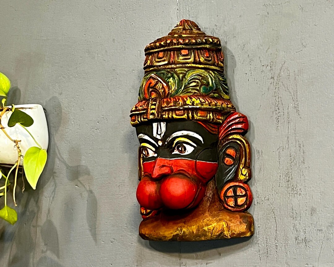 A Devine Handcrafted Painted Wooden Head Mask of Hanuman Devotee of ...