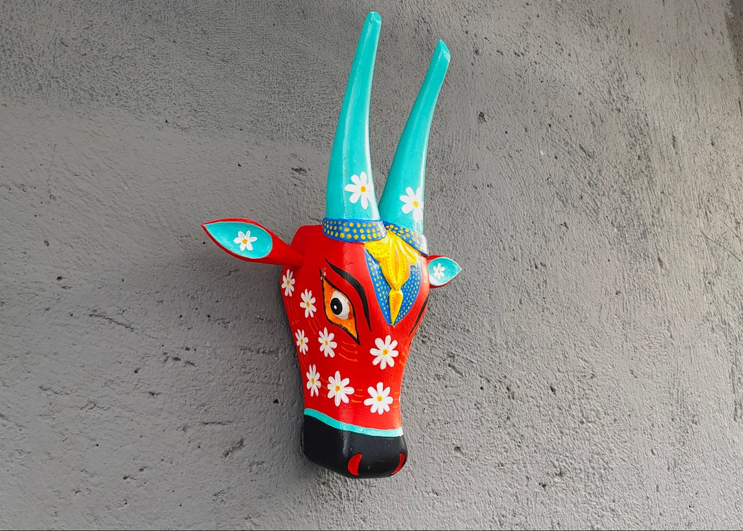 Long Wooden Painted Decorative Nandi Bull Cow Head Face Mask for Wall ...