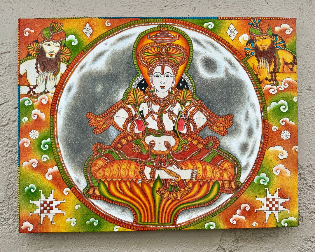 Kerala Mural Art Canvas Painting: Moon God Chandradevan, Natural Colors ...