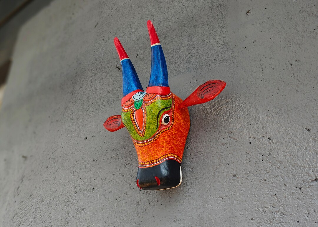 Wooden Painted Decorative Nandi Bull Cow Head Face Mask for Wall Decor ...