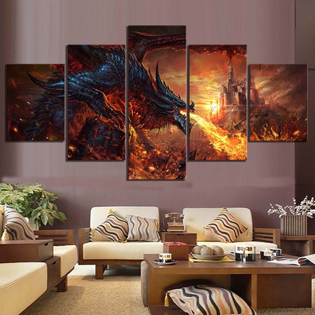 Dragon Spit Fire WOW Print 5 Piece Fantasy Poster Video Game Room Decor ...