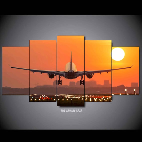 Airplane Sunset on Runway Canvas Poster Wall Art Aviation | Etsy