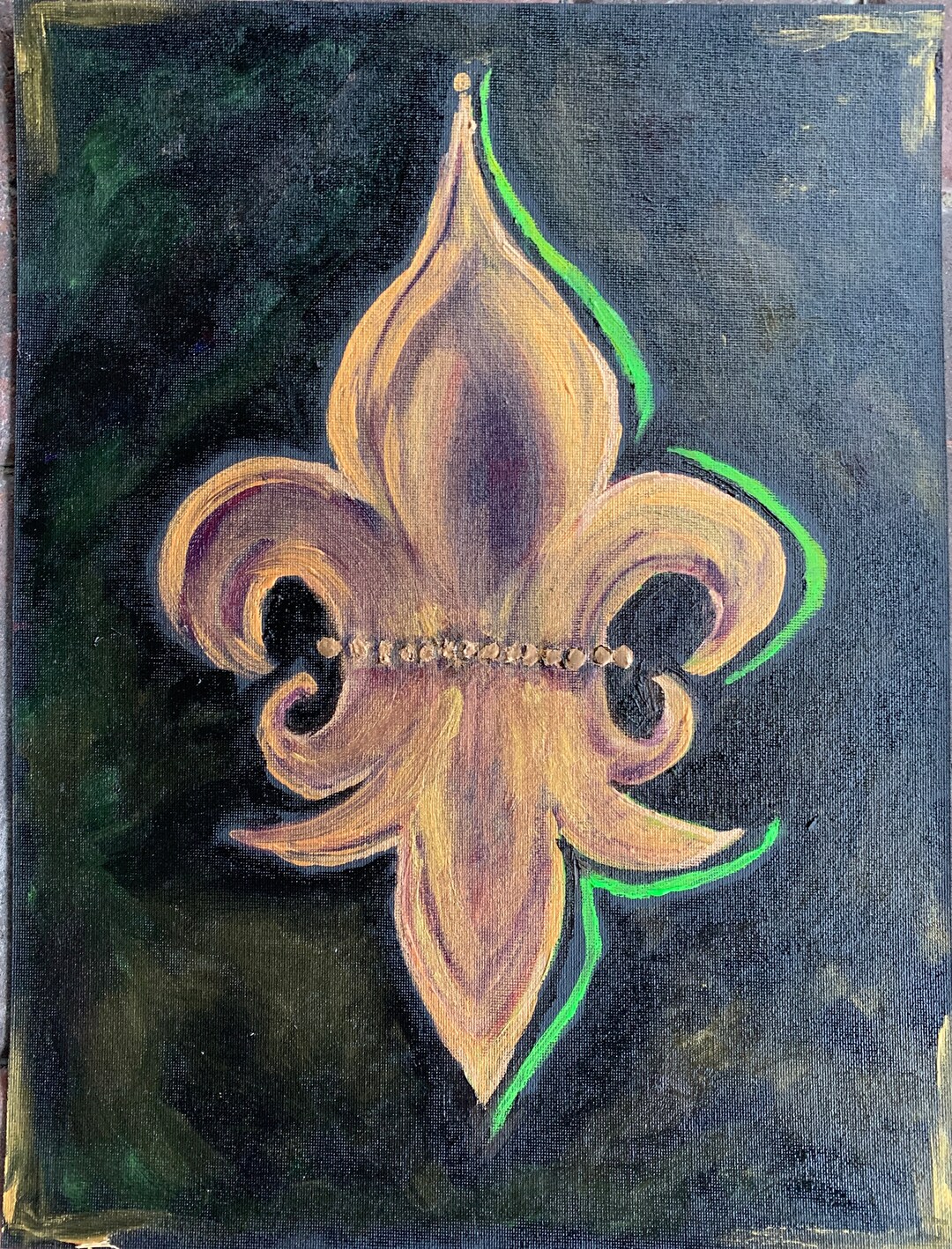 Gold Fleur De Lis Acrylic and Oil Painting on Black Canvas, 12x16 Inch ...