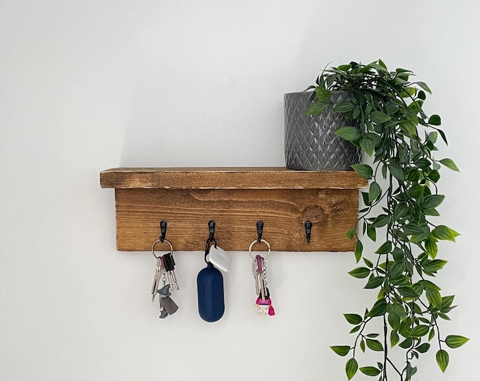 Rustic Wooden Wall-mounted Key Holder Shelf With 4 Hooks Entryway ...