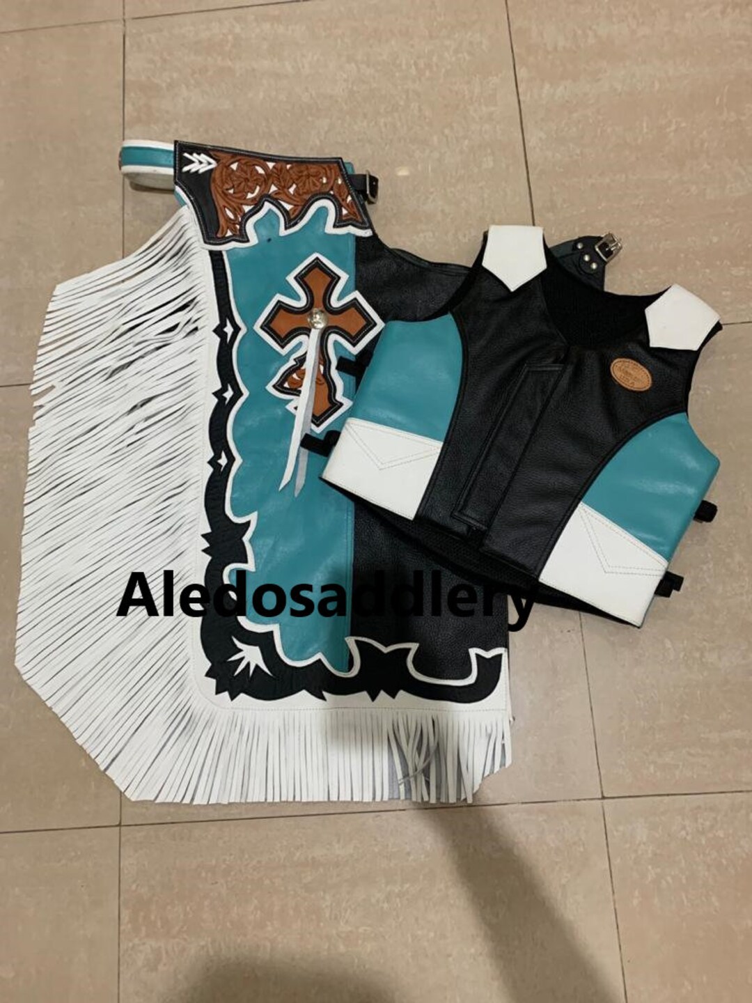 Western Tri Color Top Grain Leather Bull Riding Rodeo Chap and Vest ...