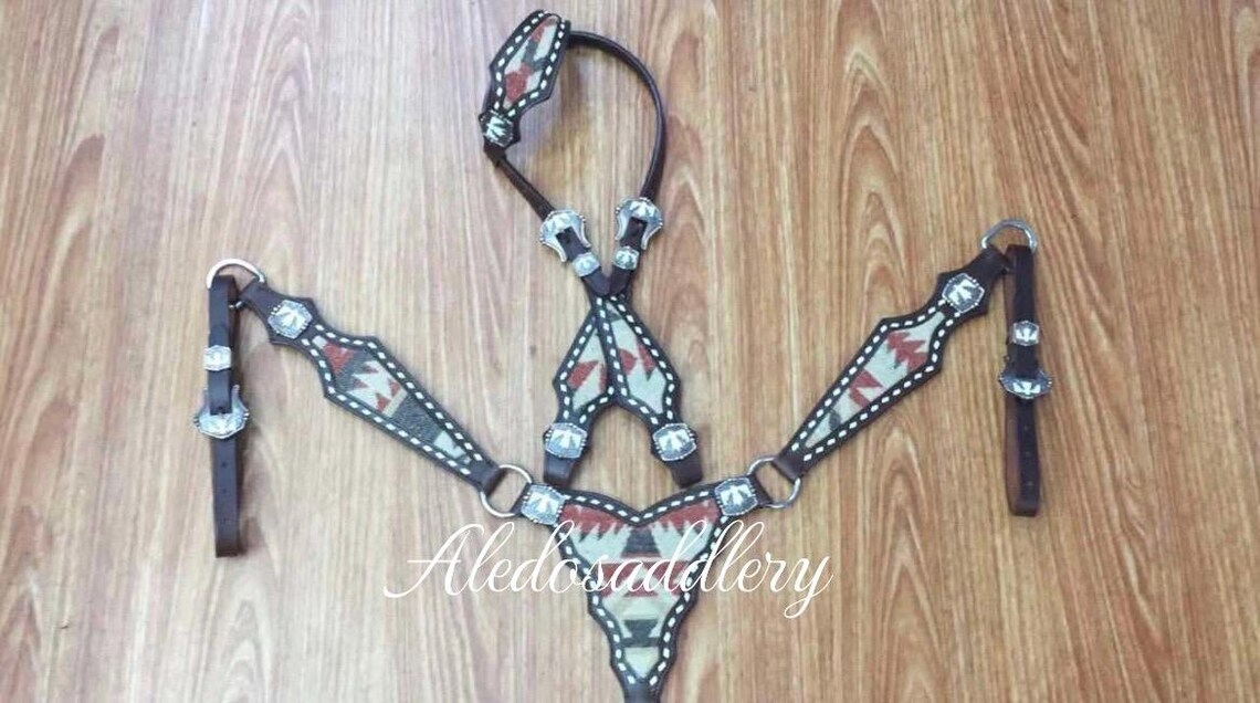 Western Brown Leather Tack Set of Headstall and Breast Collar With Pendleton Wool and ...