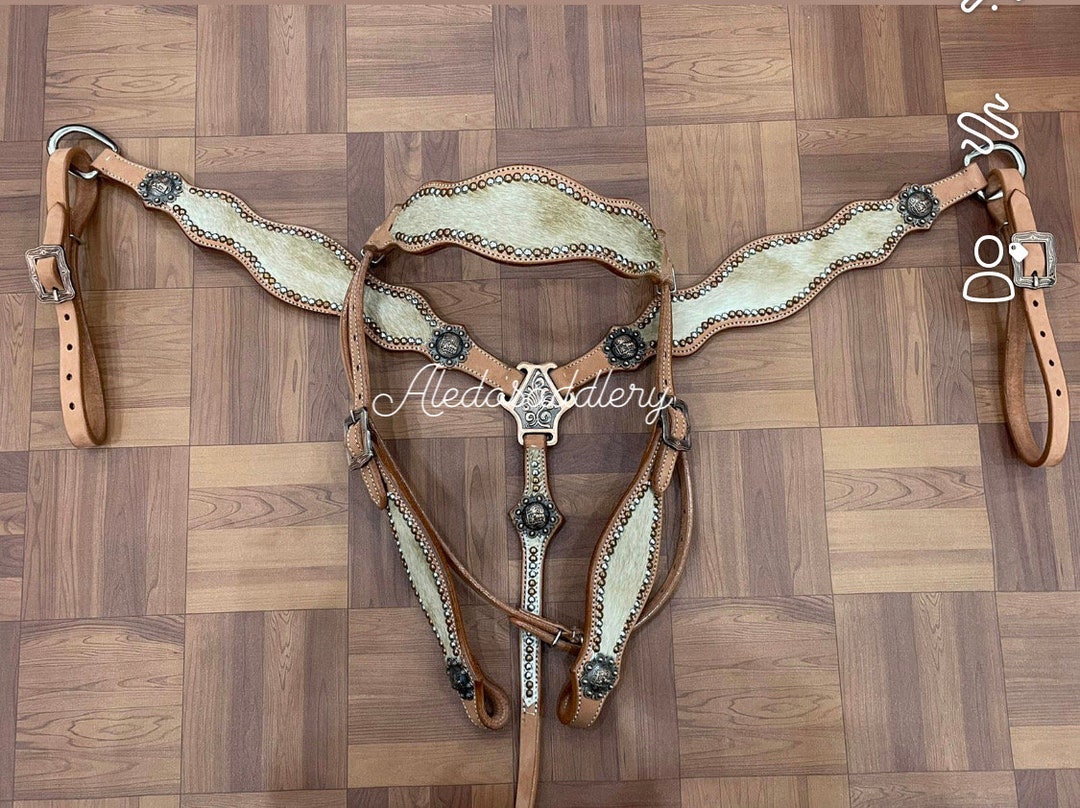 Western Natural Leather Bling Tack Set of Headstall and Breast Collar ...