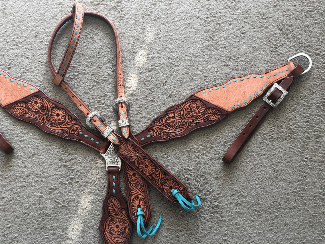 Western Natural Two Tone Leather Tack set of headstall and | Etsy