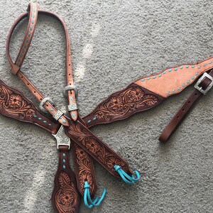 Western Natural Two Tone Leather Tack set of headstall and | Etsy