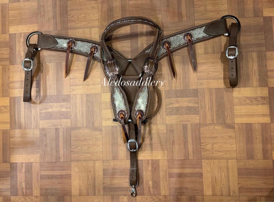 Western Brown American Cowhide Leather Tack Set of Headstall and Breast ...