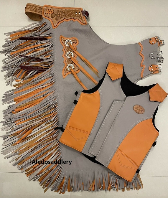 Western Top Grain Leather Bull Riding Rodeo Chap and Vest With - Etsy