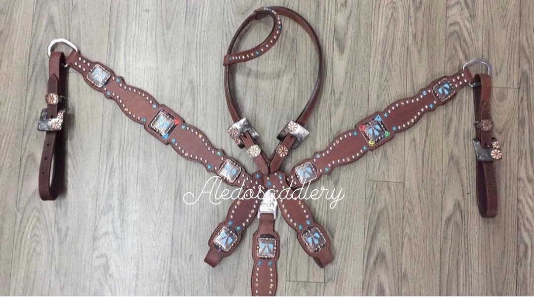 Western Brown American Cowhide Leather Tack Set of Headstall and Breast ...