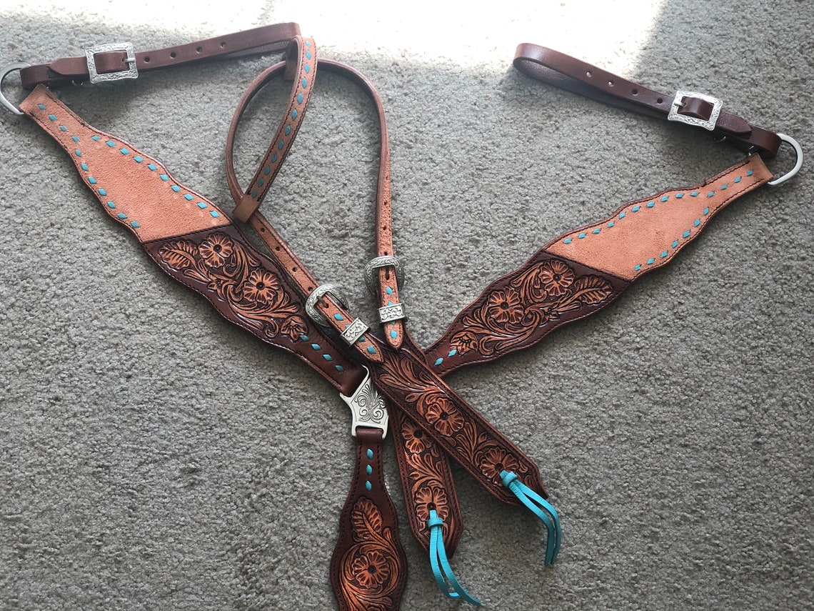 Western Natural Two Tone Leather Tack set of headstall and | Etsy