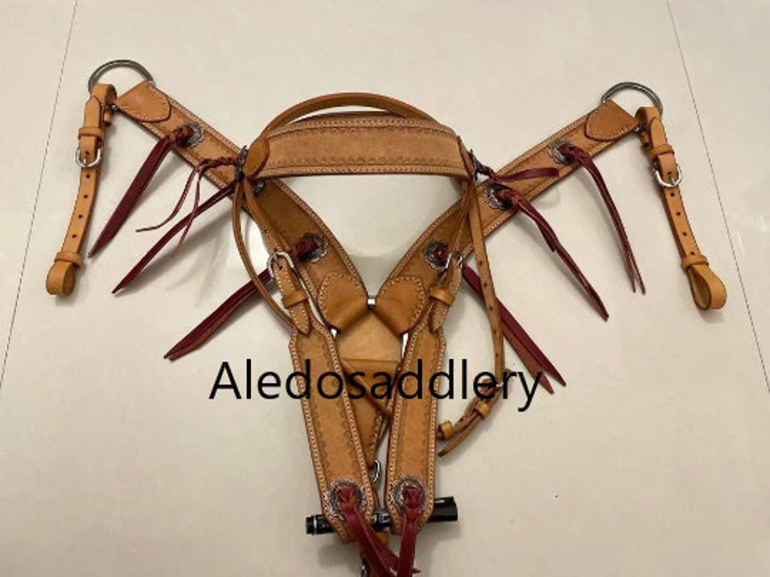 Western Natural Leather Hand Tooled Tack Set of Headstall and Breast ...
