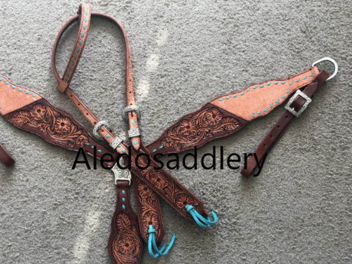 Western Natural Two Tone Leather Tack Set of Headstall and Breast ...