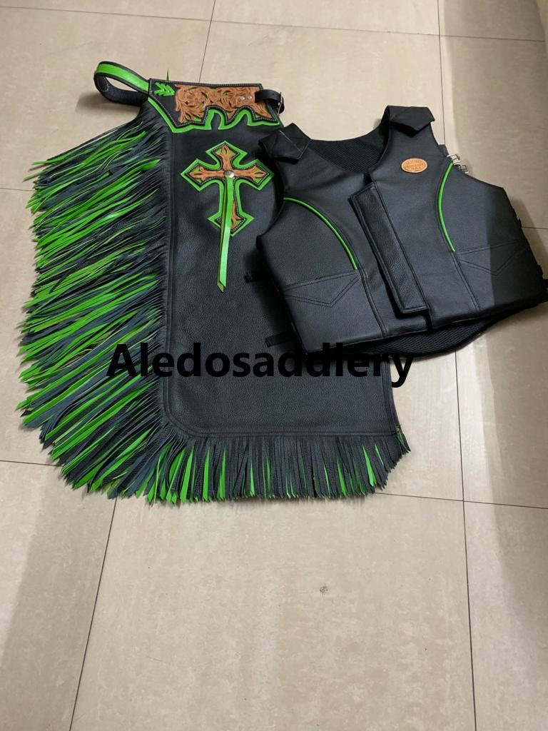 Western Black Top Grain Leather Bull Riding Rodeo Chap and Vest With ...