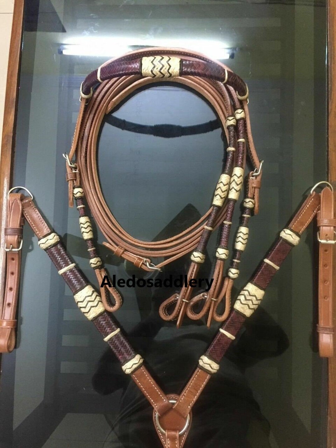 Western Natural Leather Rawhide Braided Tack Set of Headstall, Breast ...