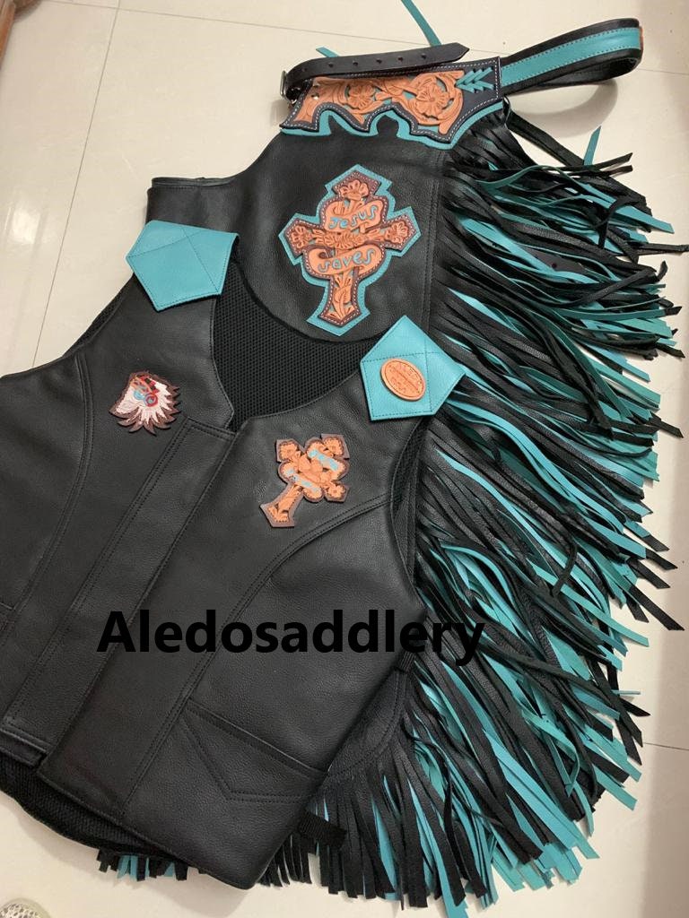 Western Black Top Grain Leather Bull Riding Rodeo Chap With Matching ...