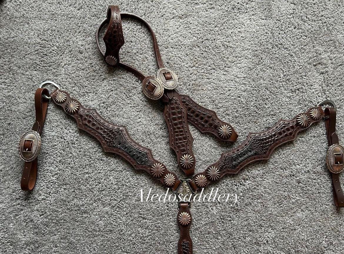Western Brown Leather Bling Tack Set of Headstall and Breast Collar and ...