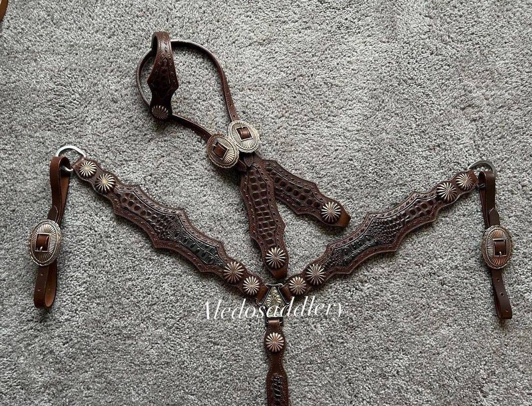 Western Brown Leather Bling Tack Set of Headstall and Breast Collar and ...
