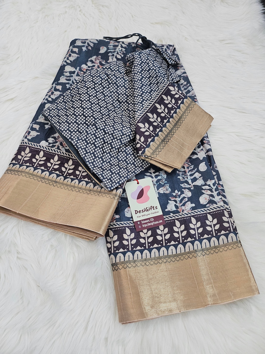 Navy Mooga Silk Saree With Slub Pattern Digital Print and Zari Border ...