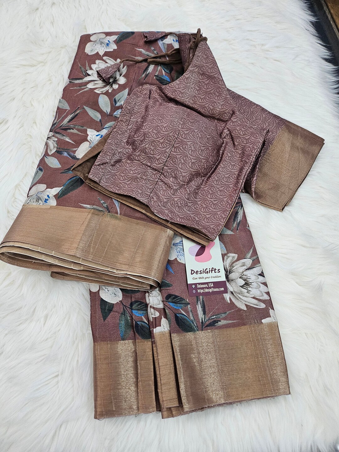 Flowery Brown Shade Mooga Silk Saree With Slub Pattern Digital Print ...