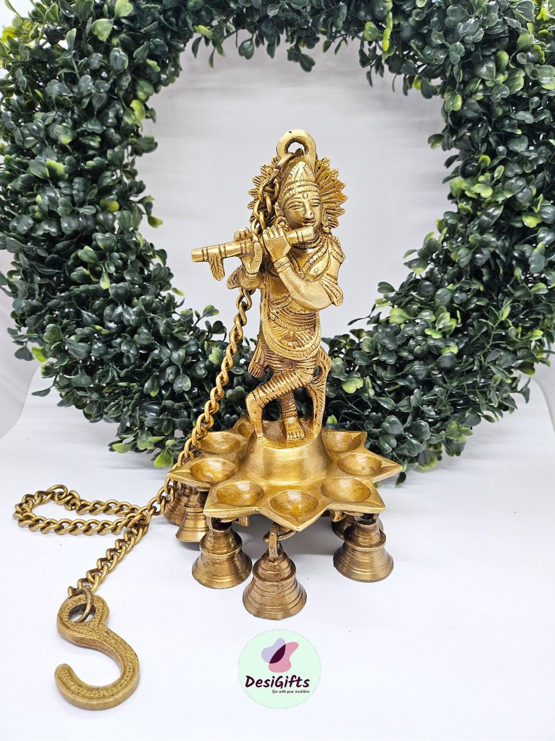 Krishna Wall Hanging ~8" Idol Oil Lamp With Bells & ~20" Chain in Brass ...