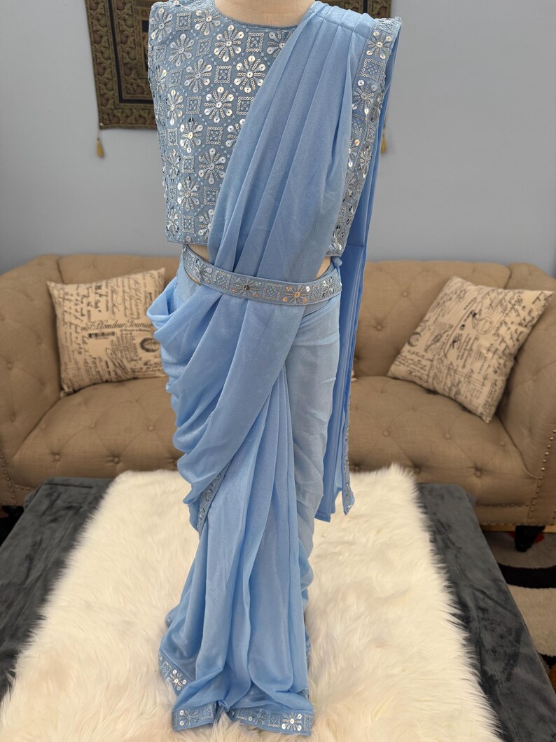 Readymade Saree in Pastel Blue Shade for Girls With Sequins Blouse ...