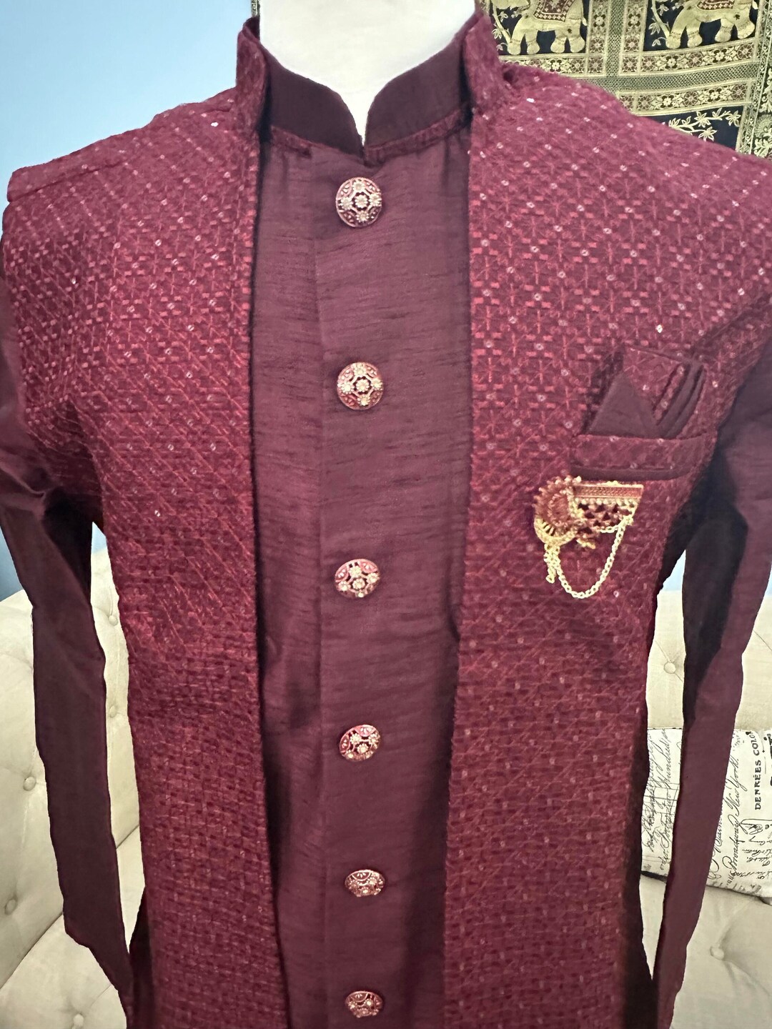 Luxurious Stylish 3 Piece Kurta Pajama With Long Jacket With Sequens ...