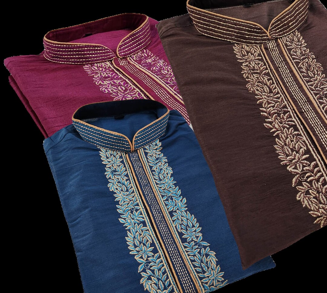 Men's Ruby Cotton Silk With Golden Design Man's Kurta Pajama Set, KPS ...