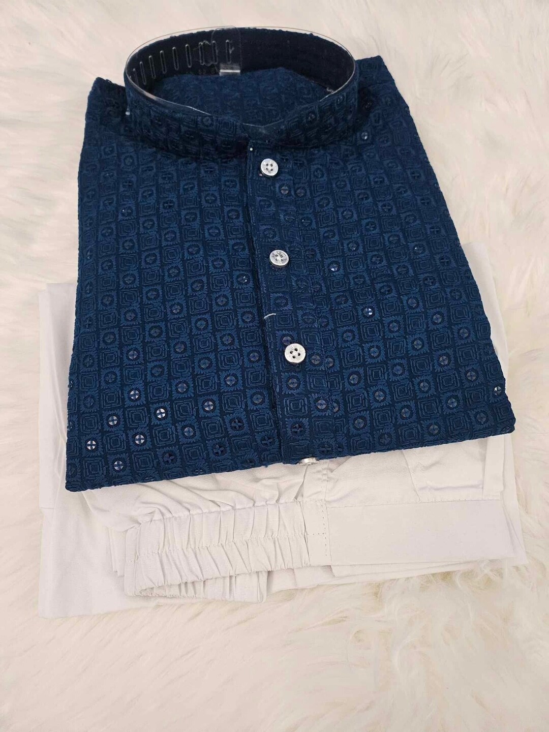 Size 46 Peacock Blue Shade Sequins Work Chikankari 2 Piece Kurta Pajama ...