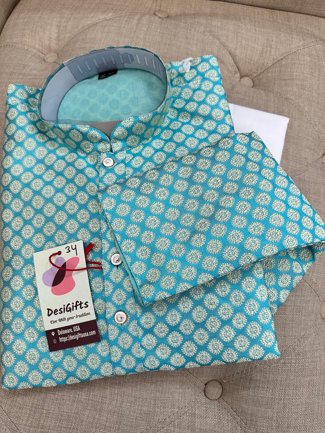 Arctic Blue Jacquard Silk Self Woven in Golden Design Kurta Pajama Set ...