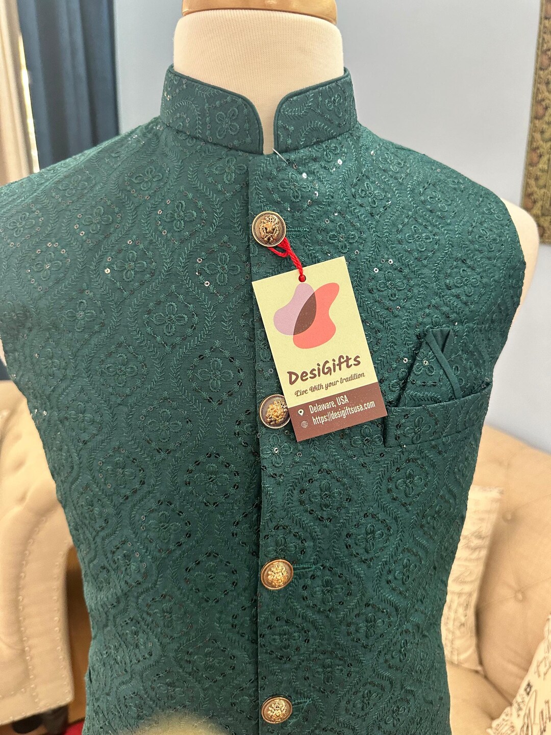 Teal Shade Jacket / Waistcoat / Sadri for Man With Beautiful Embroidery ...