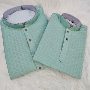 Pista Green Shade Jacquard Silk 2 Piece Kurta Pajama Set, Father & Son ...