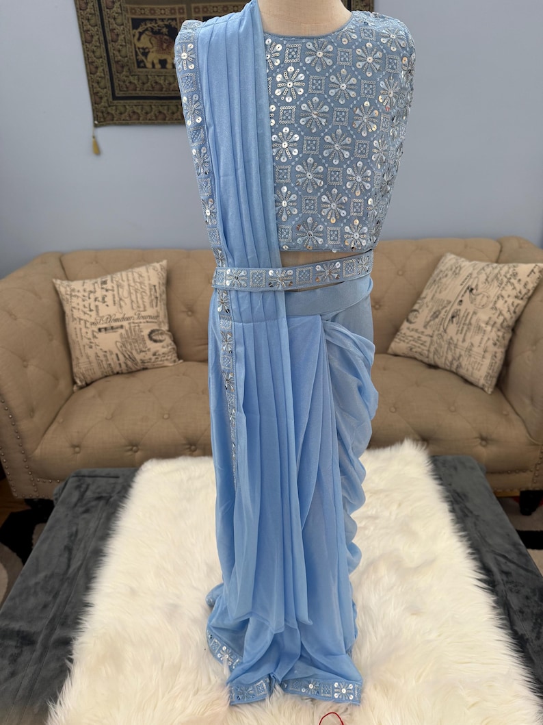 Readymade Saree in Pastel Blue Shade for Girls With Sequins Blouse ...