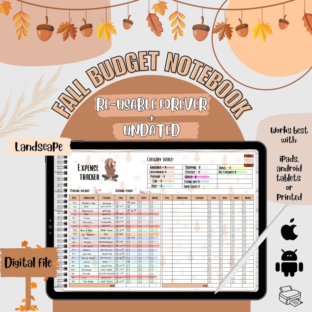 Autumn Budget Notebook Sheets Paycheck Fall Budget Tracker Template ...