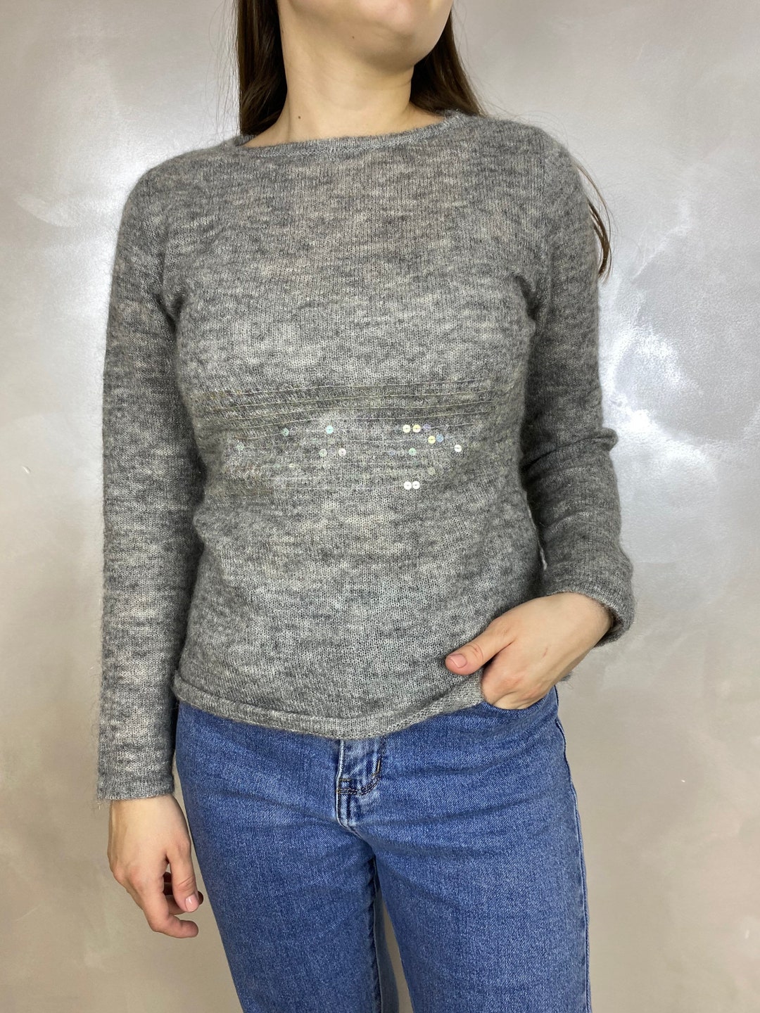 Yves Saint Laurent Womens Mohair Sweater Jumper Gray Embellished Japan ...