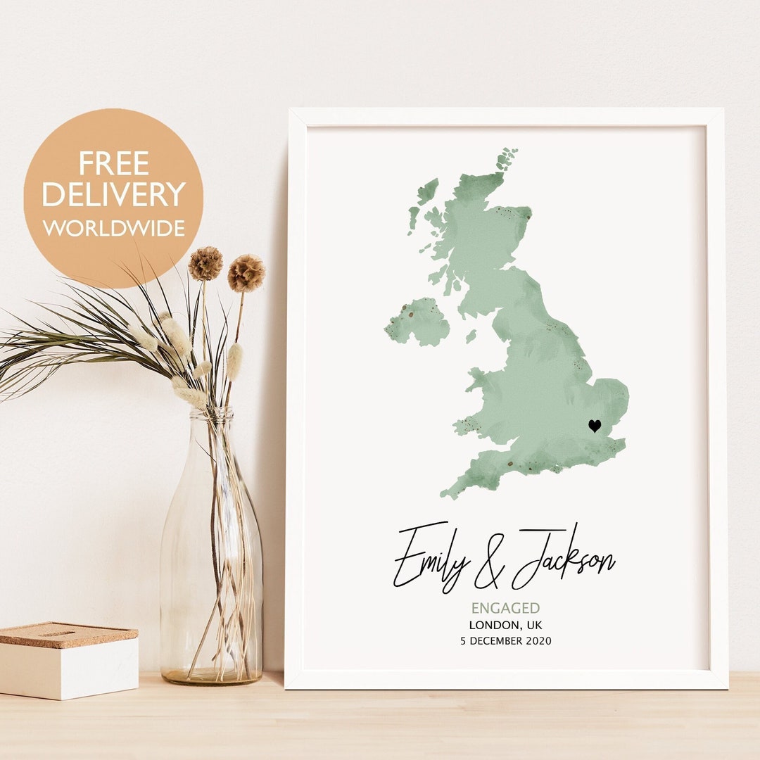 Gift for Newly Engaged Couple Print, Watercolour, Personalized Engaged ...